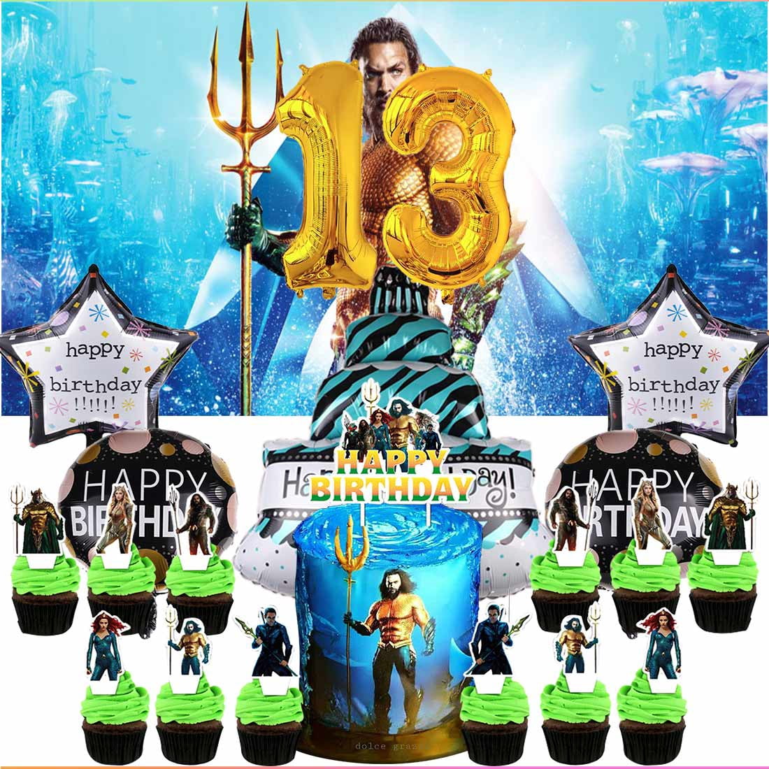 Aquaman Party Supplies Decor 13th Kit Balloons Birthday Cake Topper ...