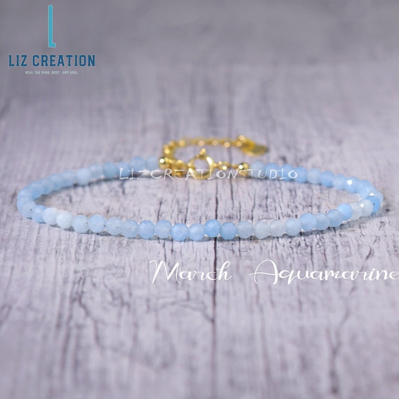 Aquamarine 3.5mm Round Shape Smooth Cut Beads 7 inch adjustable Gold ...