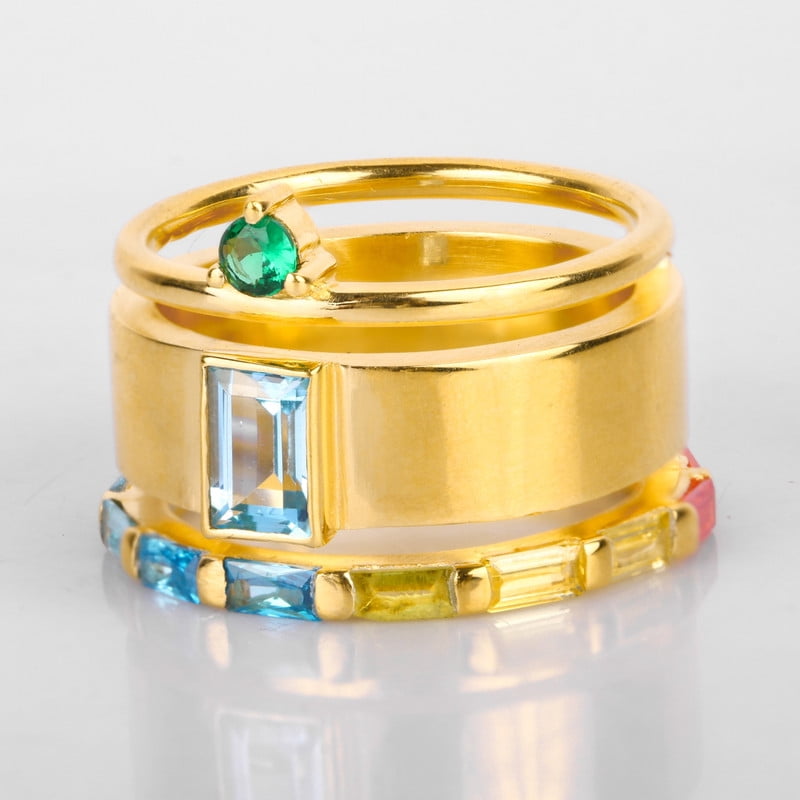 Aquamarine Connected Stacker Gold Linked Spinner Ring, 925 Silver Multi ...