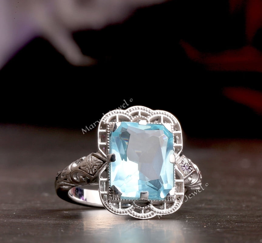 Aquamarine Diamond Ring, Emerald Cut Dimaond Engagement Ring, Openwork ...