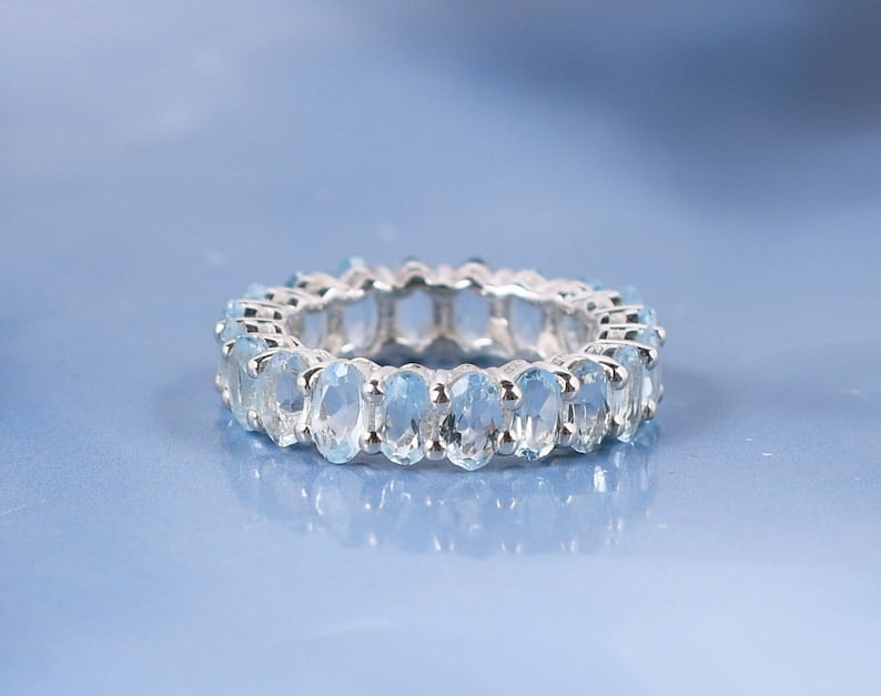 Aquamarine Full Band Birthstone Bridal Ring Oval Shaped White Gold ...