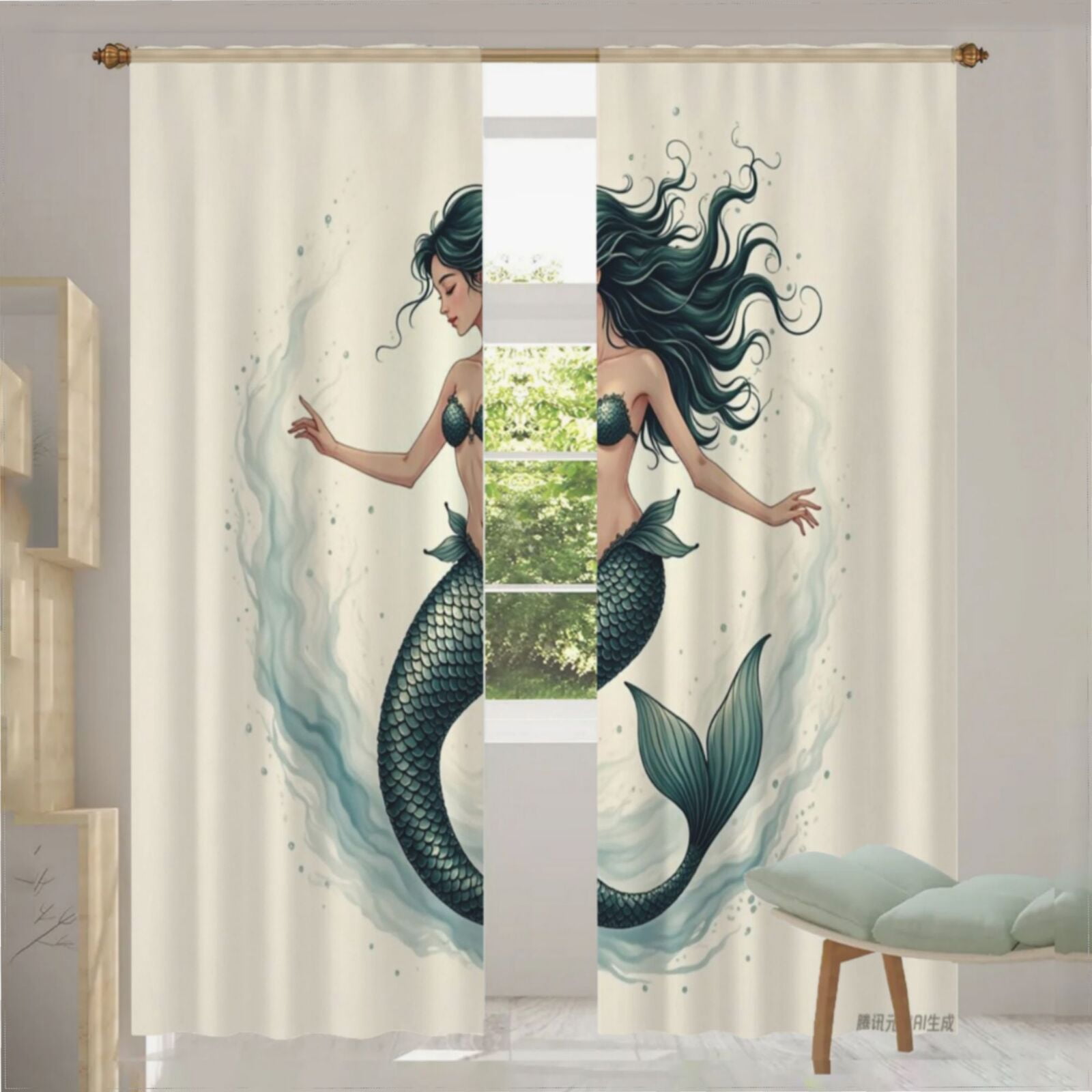 Aquamarine Mermaid Window Tulle Curtains for Living Room Kitchen Modern ...