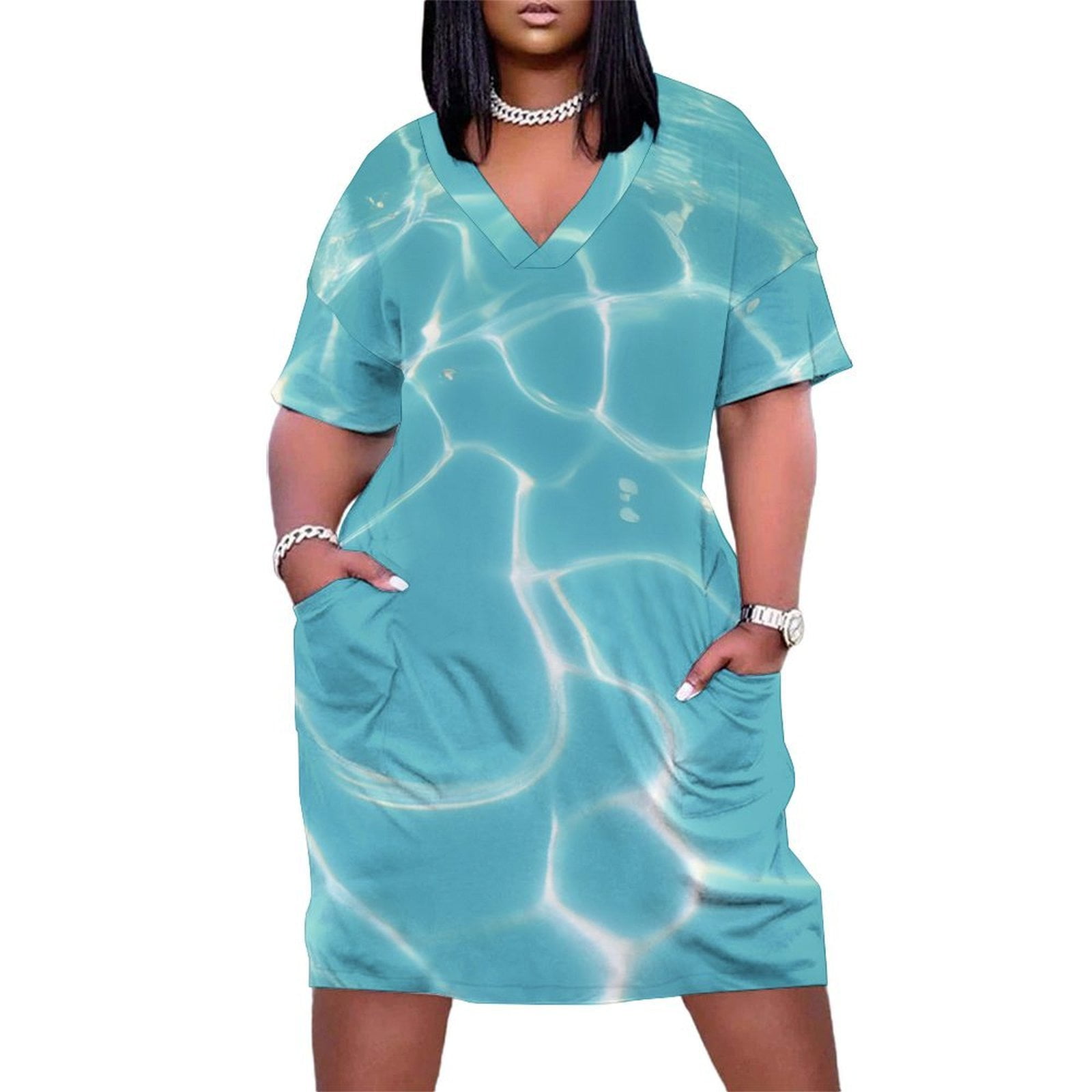 Aquamarine Water Ripple Texture Loose Pocket Dress Dresses Summer ...