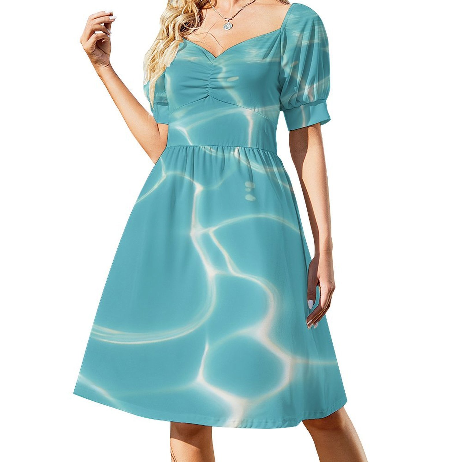 Aquamarine Water Ripple Texture Short Sleeve Dress Clothes Women's ...