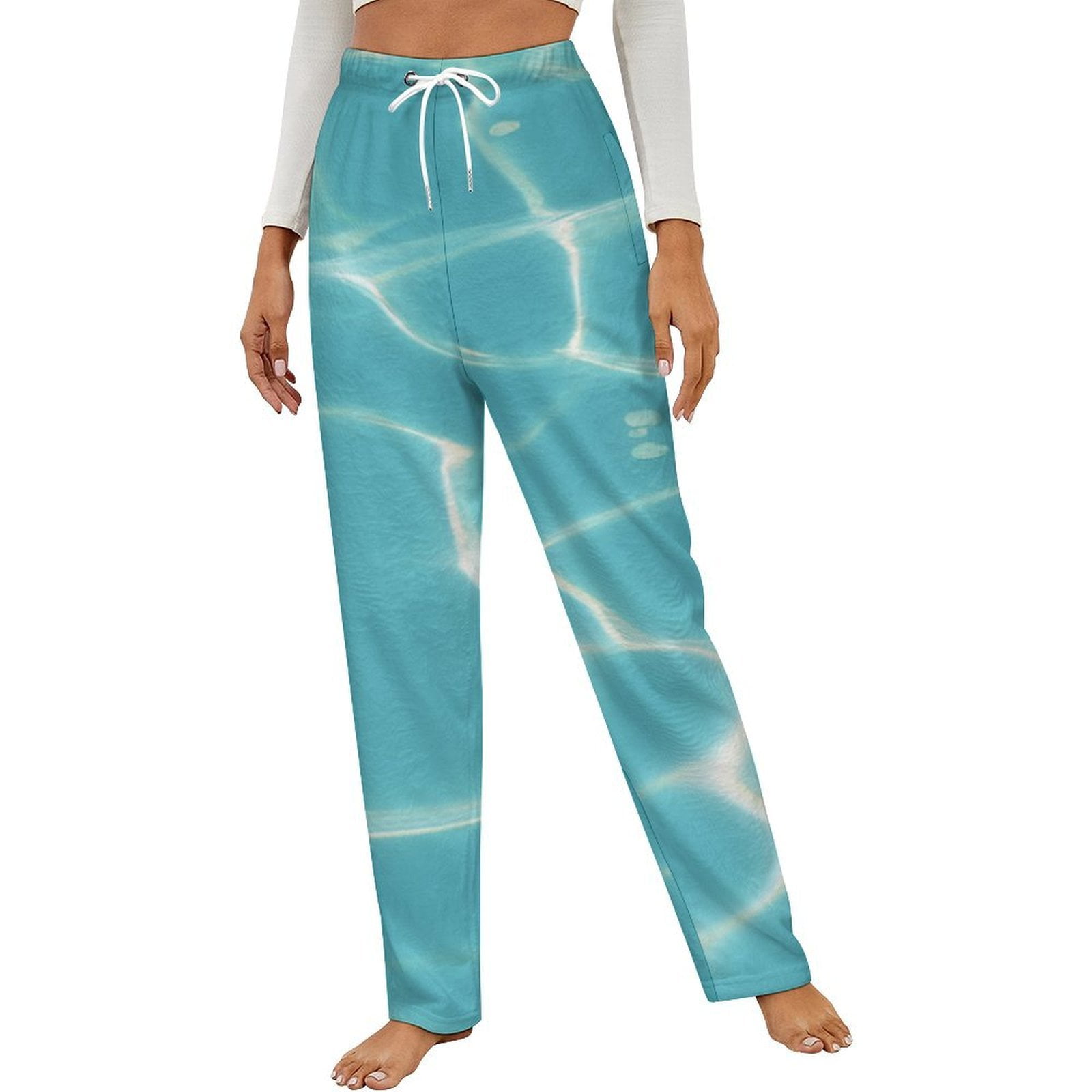 Aquamarine Water Ripple Texture Winter Female Pants Flannel High Waist ...