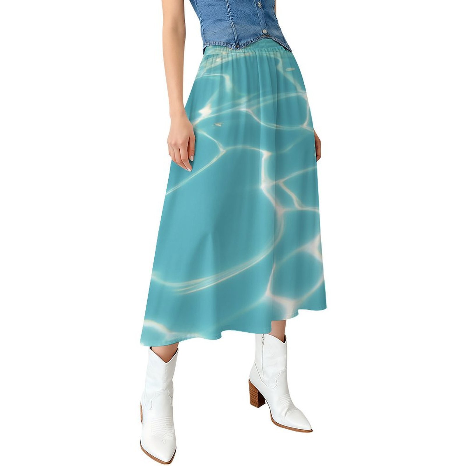 Aquamarine Water Ripple Texture Women High Waist Midi Skirt Elegant ...