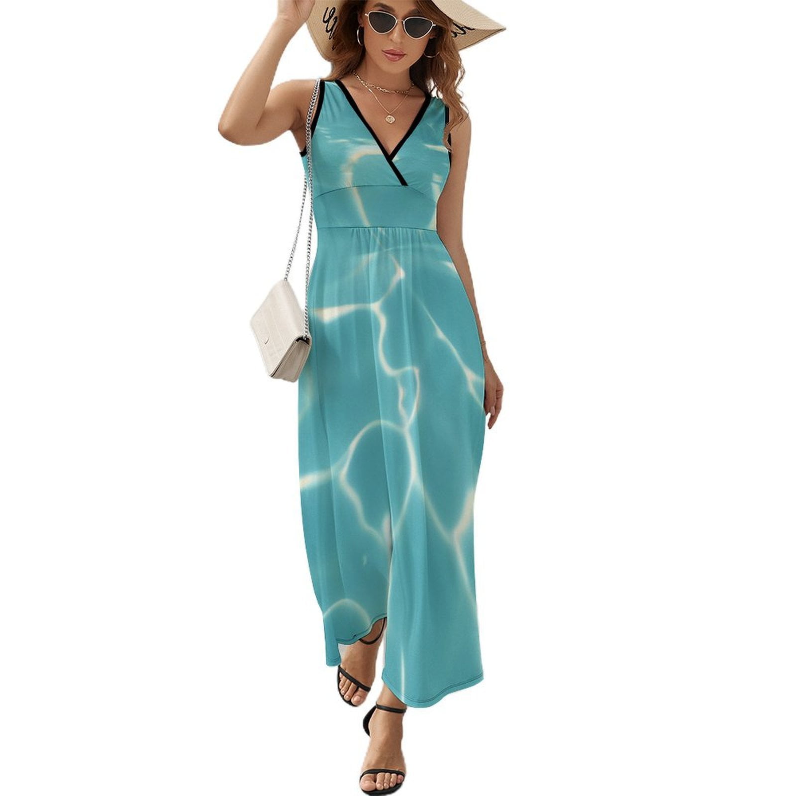 Aquamarine Water Ripple Texture Womens Night Club Maxi Dress V Neck ...