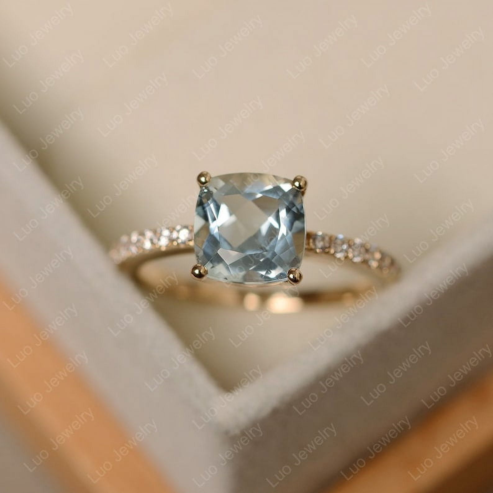Aquamarine ring, cushion cut, yellow gold,engagement ring, March ...
