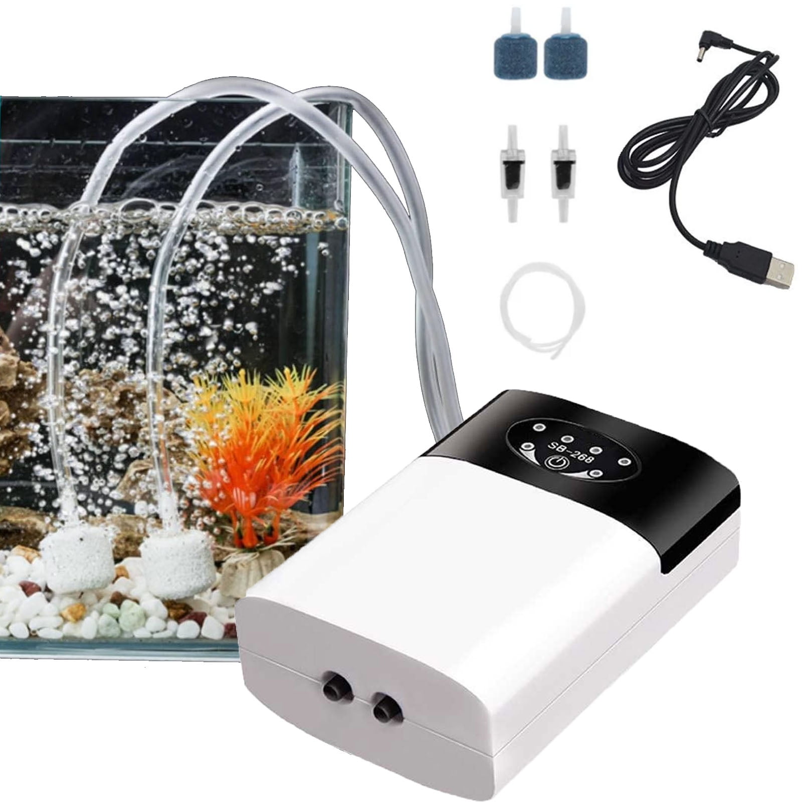 Aquarium Air Pump with Dual Outlet, Rechargeable Portable USB Aquarium ...