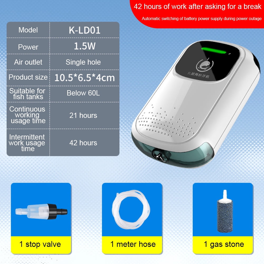 Aquarium Air Pump USB Charging Battery Operated Fish Tank Aerator Water ...