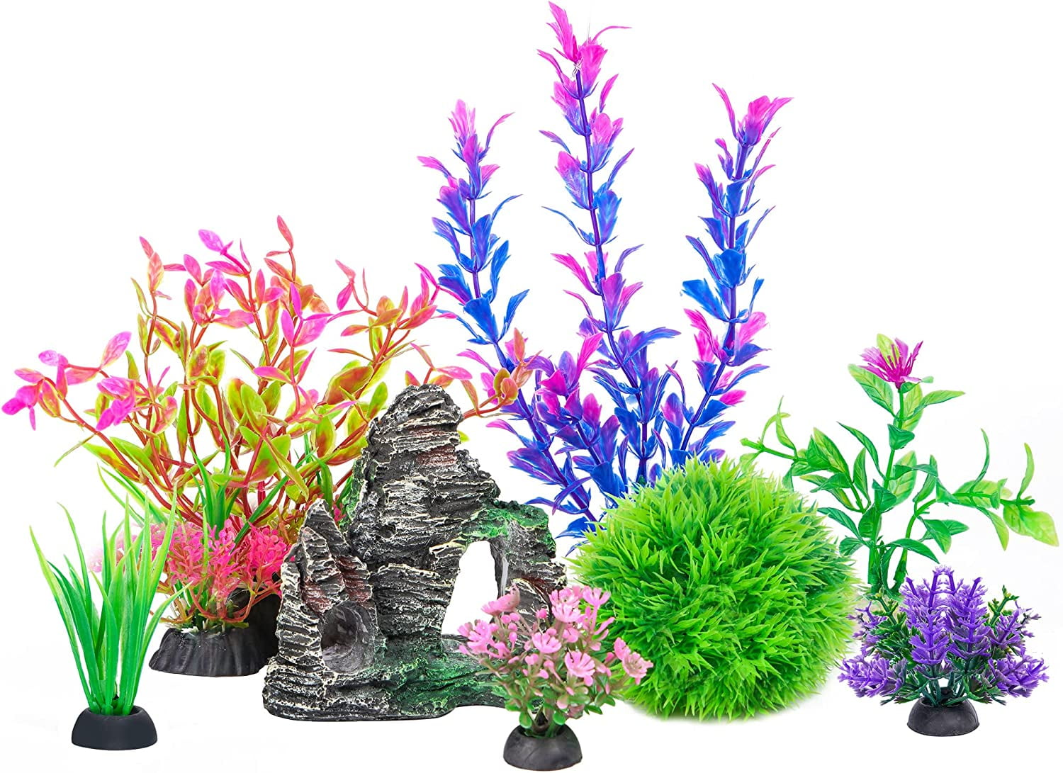 Aquarium Artificial Plastic Plants Decorations and Rock Cave Decor Set ...
