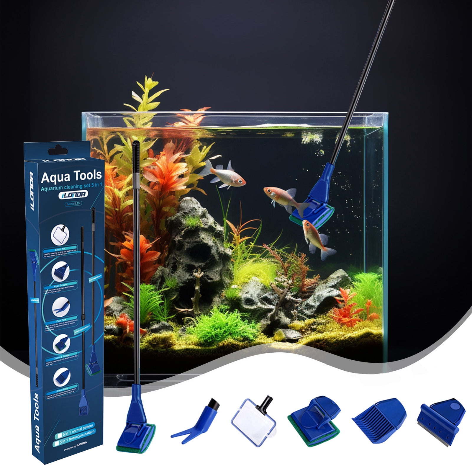 Aquarium Cleaning Tool Kit 5-in-1 Set with Algae Scraper, Sand Rake ...