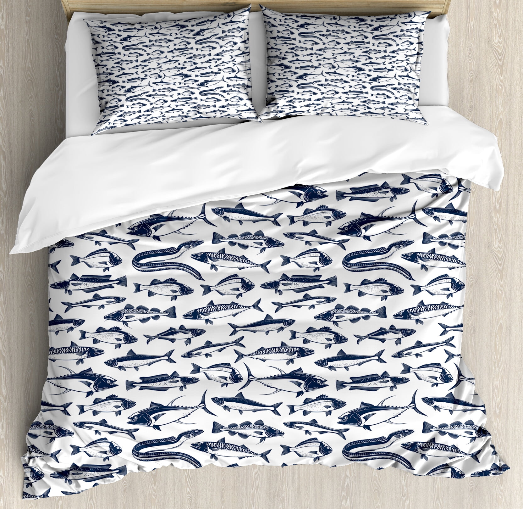 Aquarium Duvet Cover Set, Monochrome Design of Different Fish Species ...