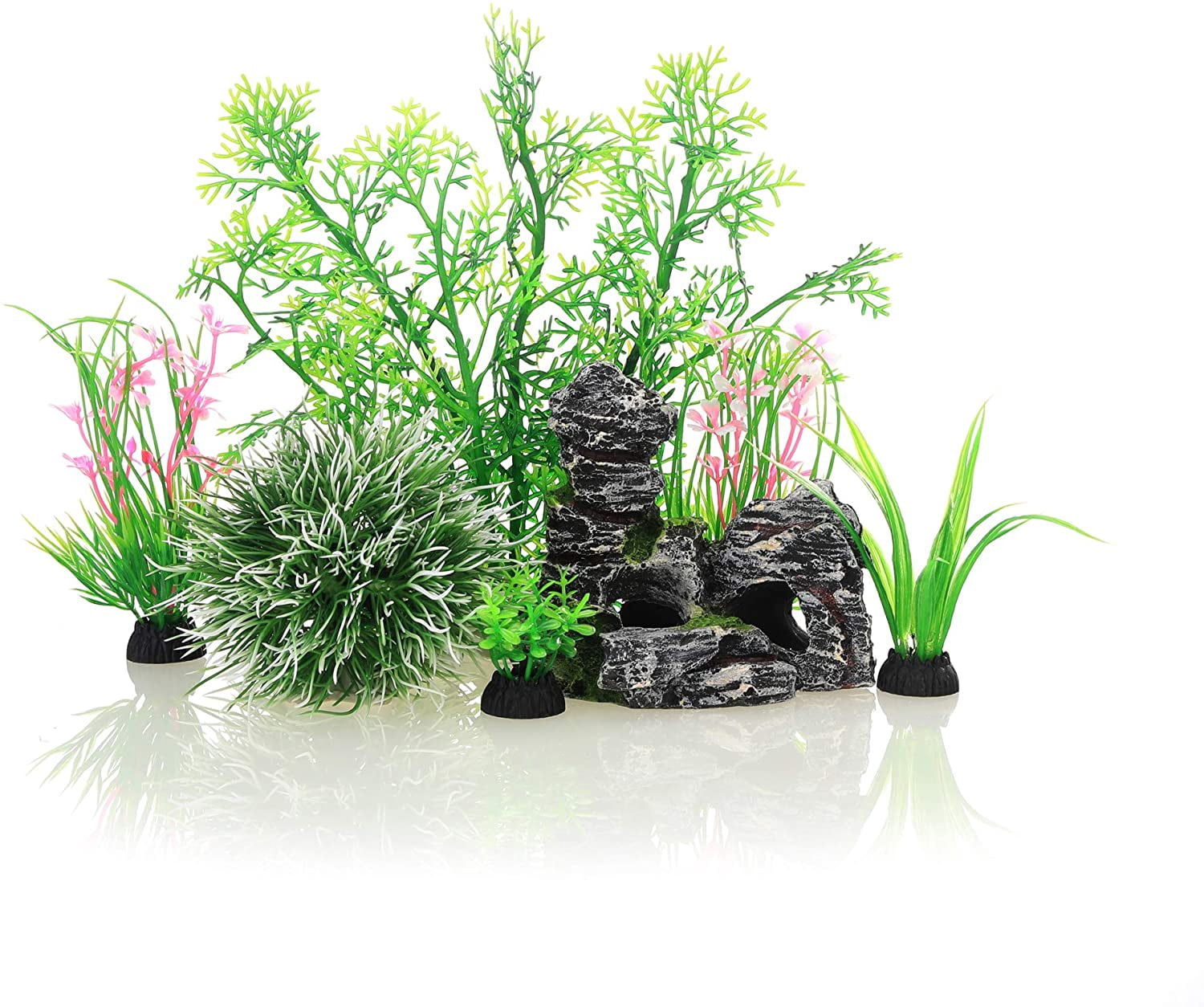 Aquarium Fish Tank Plastic Plants and Cave Rock Decorations Decor Set 7 ...