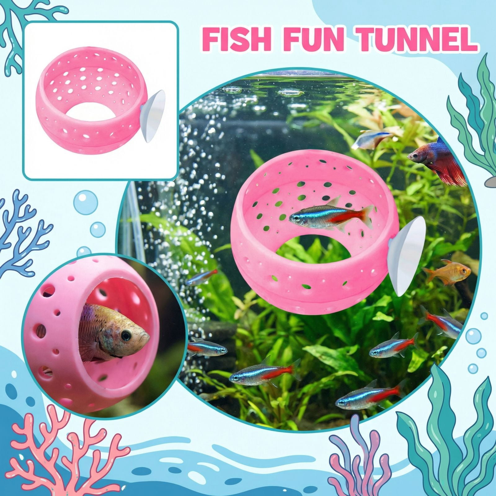 Aquarium Fish Tank Tunnel Toy with Suction Cup, 3.15x1.97in Plastic ...