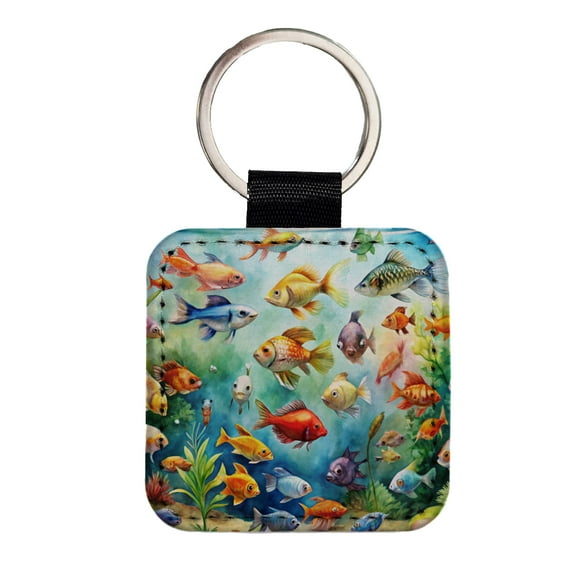 Aquarium Full Of Fish Watercolor Faux Leather Square Keychain - Walmart.com