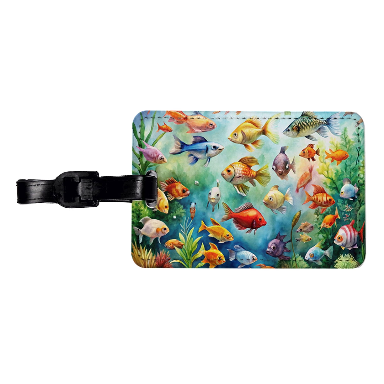 Aquarium Full Of Fish Watercolor Faux Leather Travel Luggage Tag ...