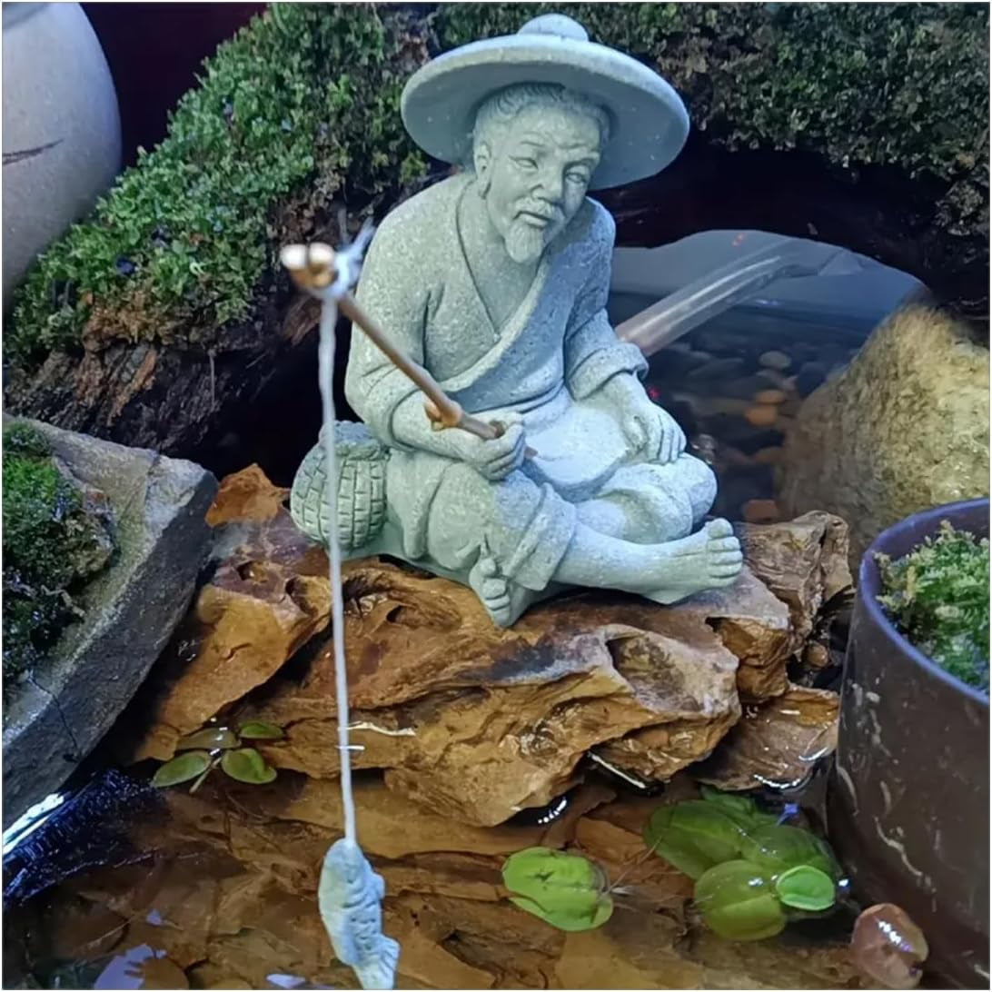 Aquarium Mini Fisherman Statue Asian Zen Decoration Sitting Fishing ...