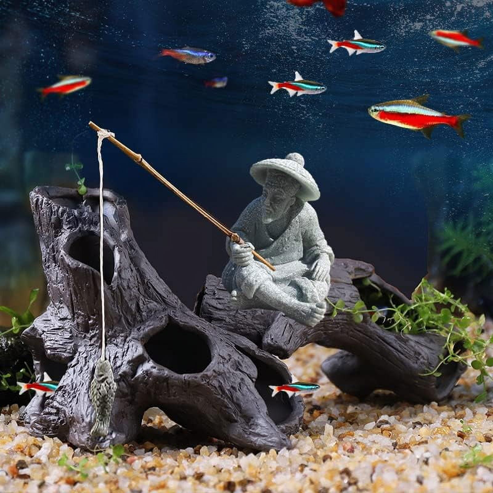 Aquarium Mini Fisherman Statue Asian Zen Decoration Sitting Fishing ...