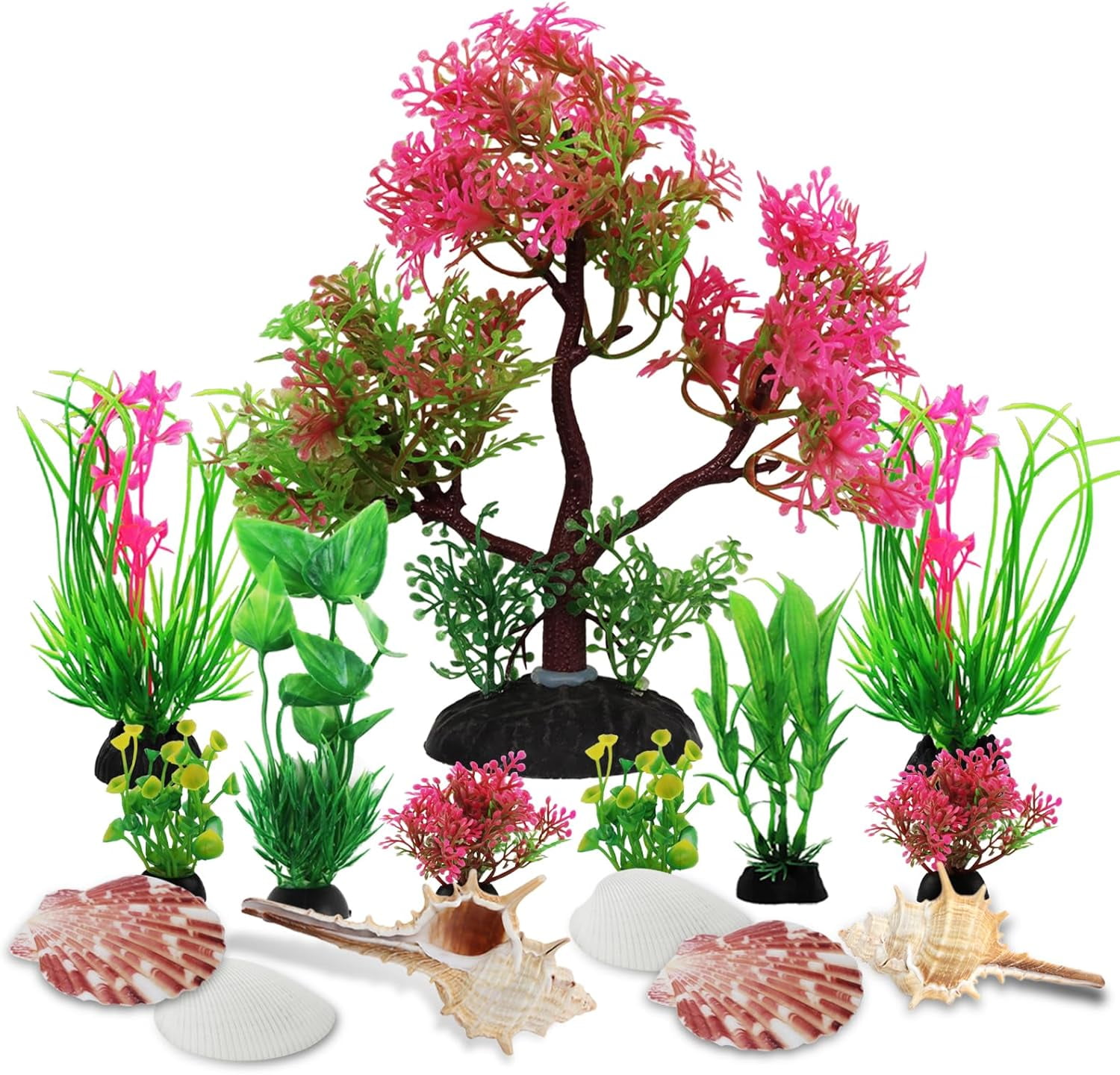 Aquarium Plants with Natural Decorations Shells, Artificial Fish Tank ...