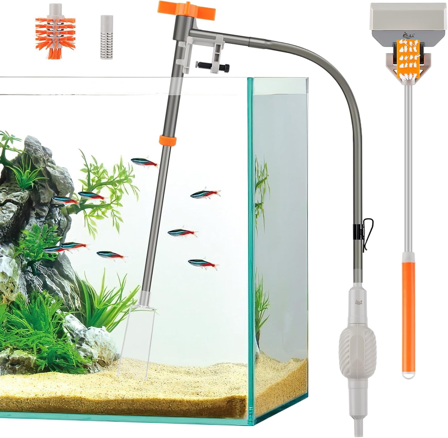 Aquarium Siphon Vacuum Cleaner Kit with 3 Replaceable Heads, Extra 2-in ...