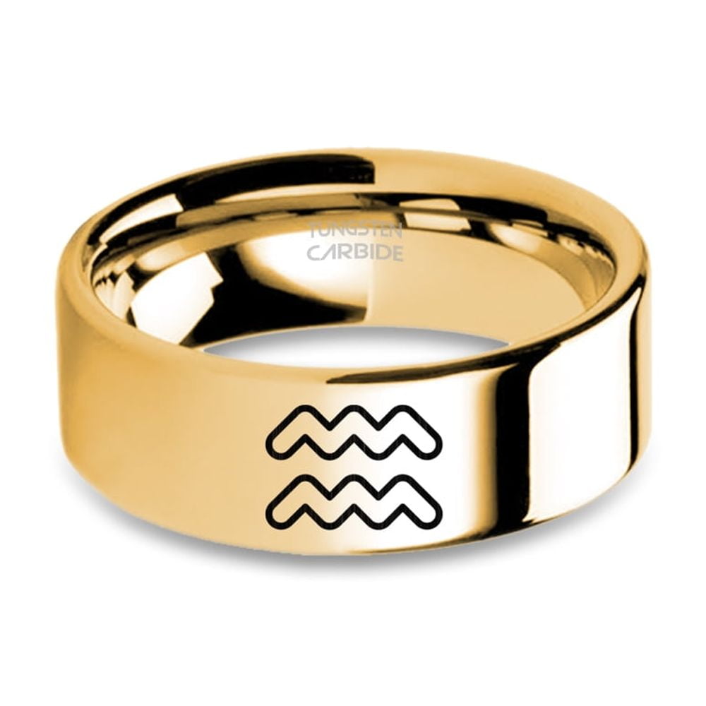 Aquarius Astrological Sign Engraved Yellow Gold Tungsten Ring, 8mm ...