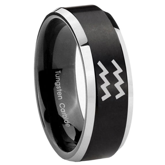 Aquarius Horoscope Beveled Brush Black 2 Tone Tungsten Ring 10MM ...