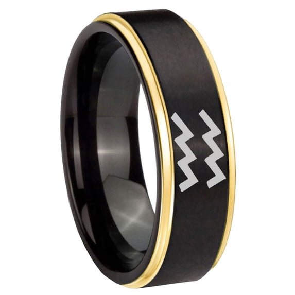Aquarius Horoscope Step Edge Black And Gold Tungsten Ring 10MM ...