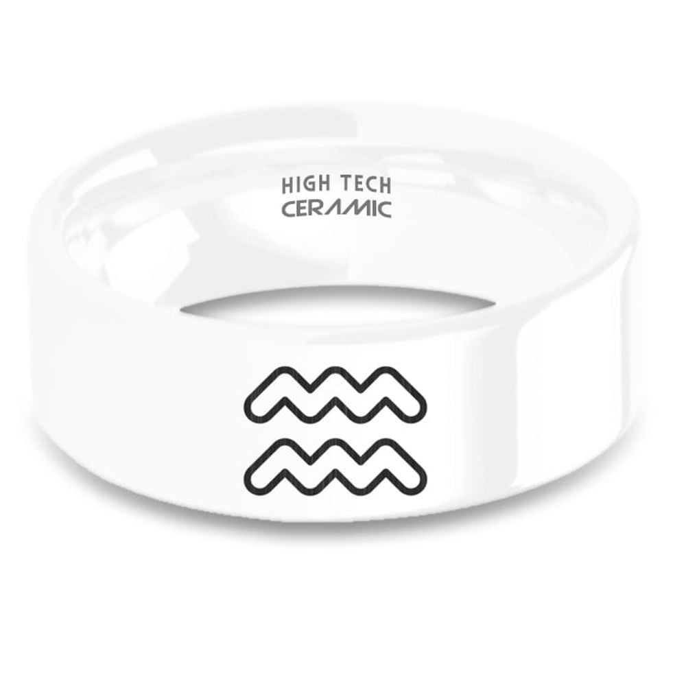 Aquarius Horoscope Symbol Laser Engraved White Ceramic Ring, 8mm, Size ...