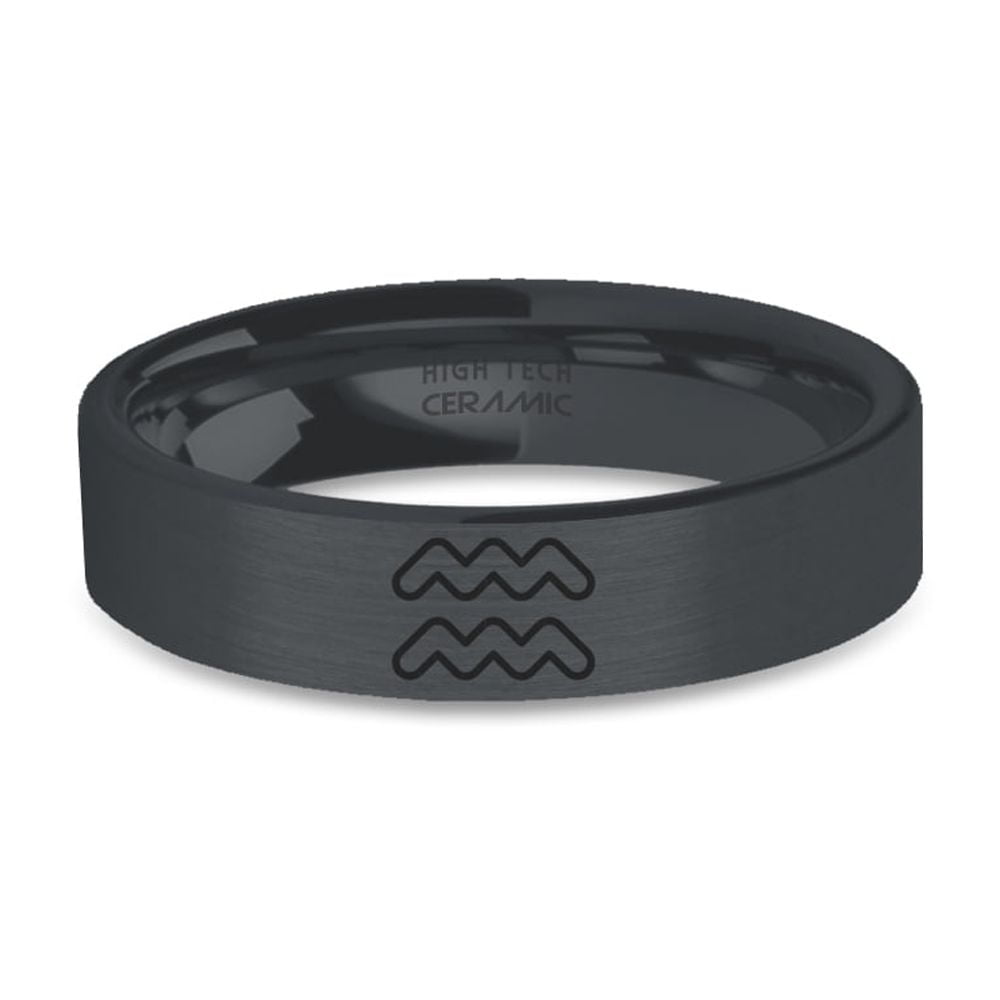 Aquarius Water Symbol Engraved Black on Black Brushed Ceramic Ring, 6mm ...