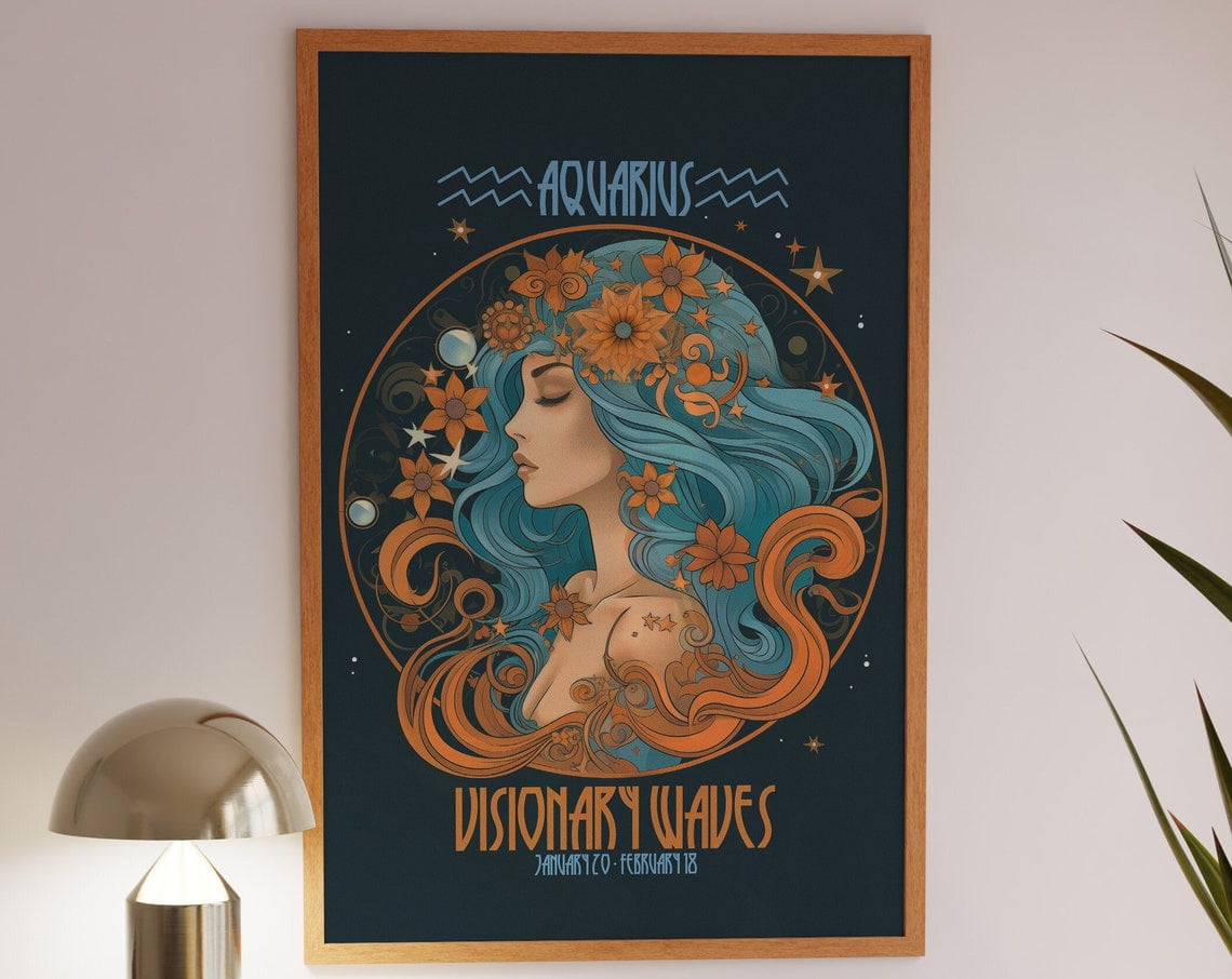 Aquarius Zodiac Poster, Art Nouveau Wall Art Print, 70S Decor For Home ...