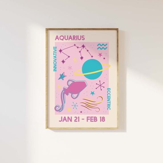 Aquarius Zodiac Poster Trendy Astrology Pink Retro Wall Art Star Sign Cute Poster, Unframed Size ...