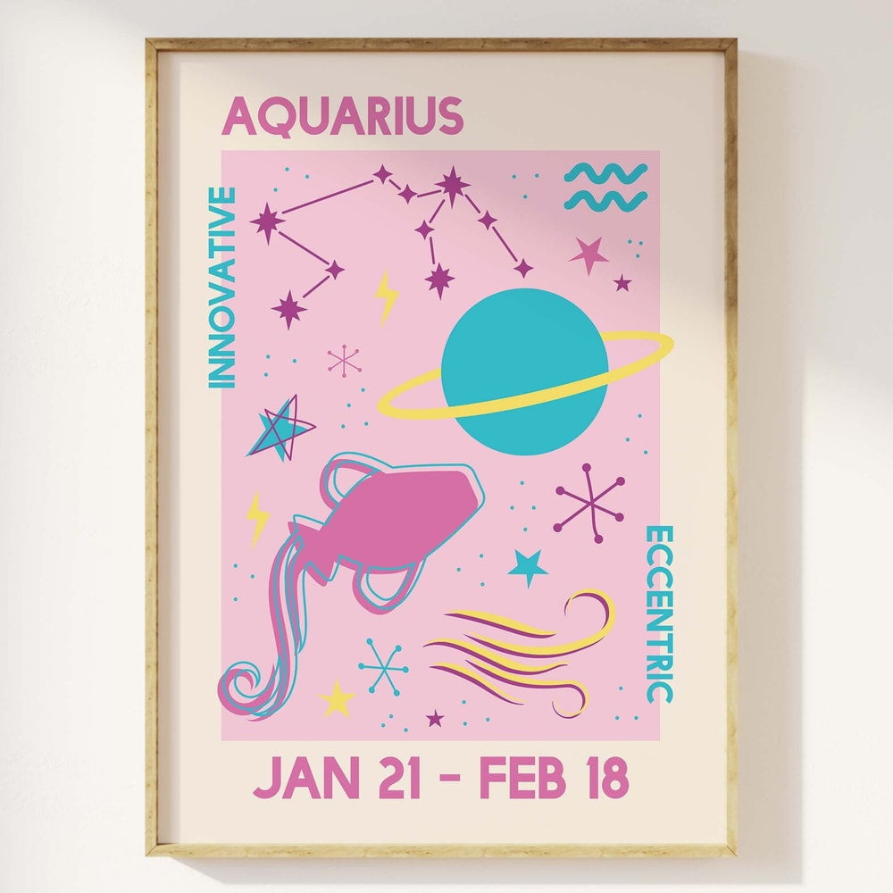 Aquarius Zodiac Print, Trendy Astrology Poster, Pink Retro Wall Art ...