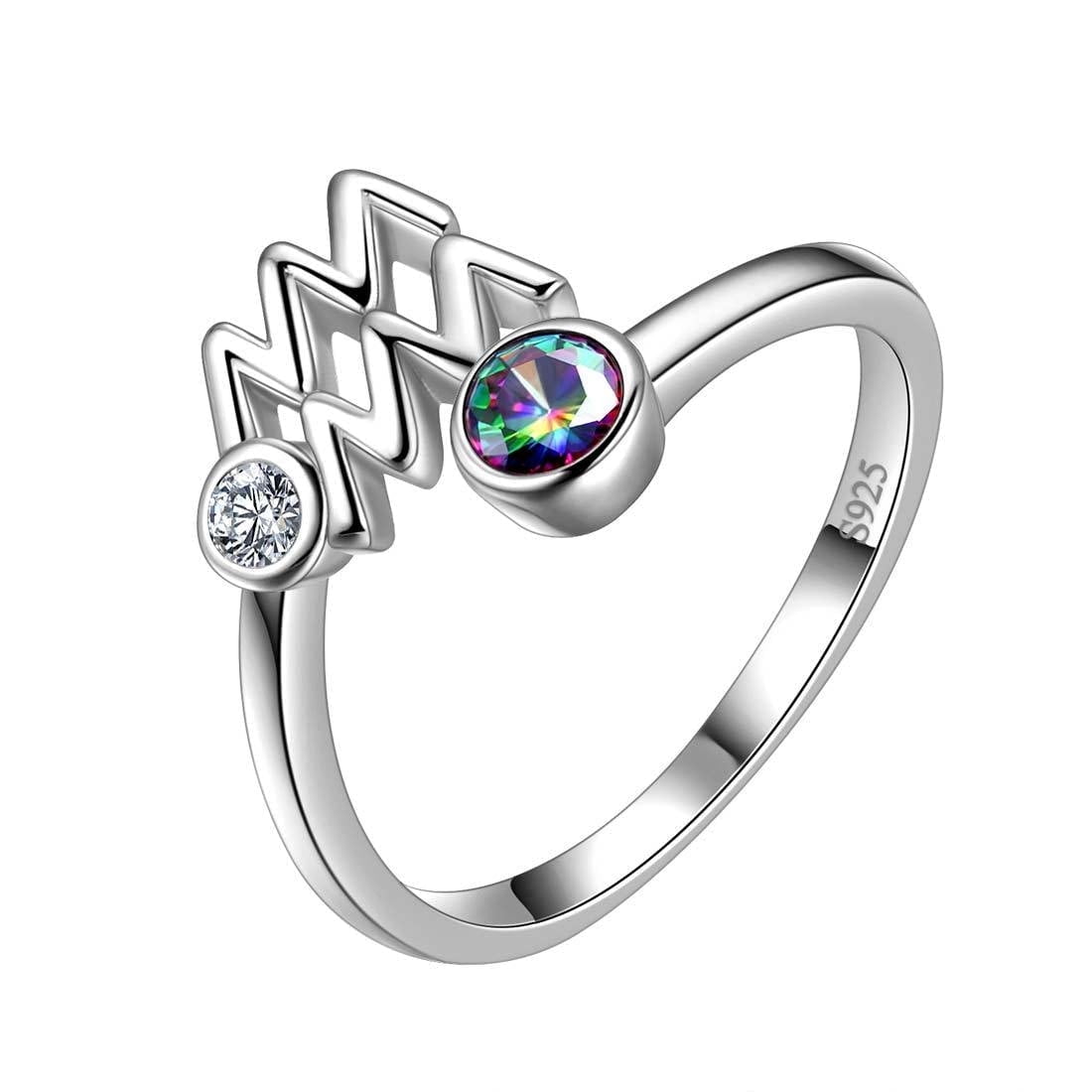 Zodiac Aquarius Ring 925 Sterling Silver Mystic Topaz CZ Adjustable ...