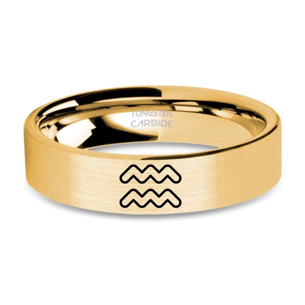 Aquarius Zodiac Sign Engraved Brushed Yellow Gold Tungsten Ring, 6mm ...