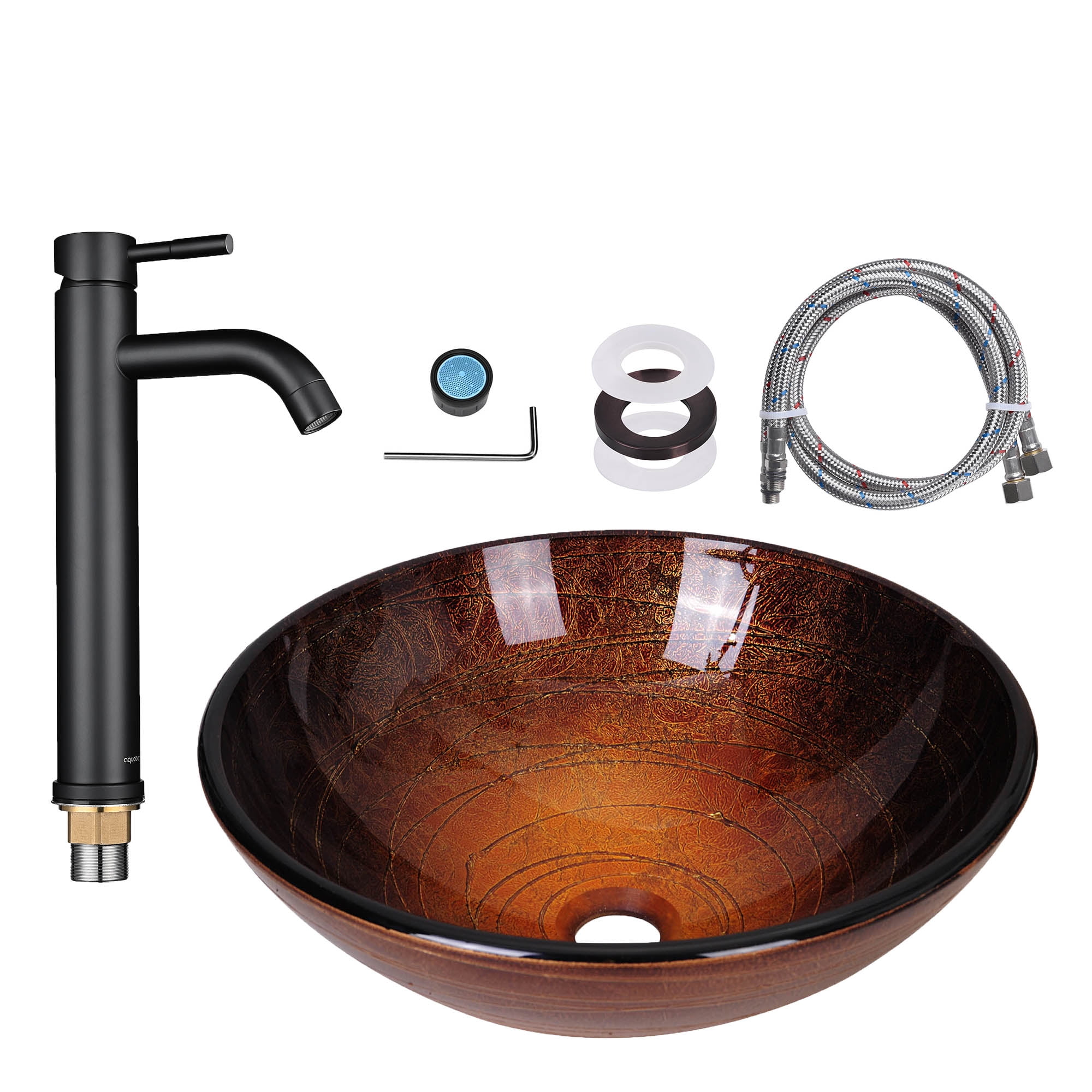 Aquaterior Round Bowl Tempered Glass Vessel Sink with ORB Faucet ...
