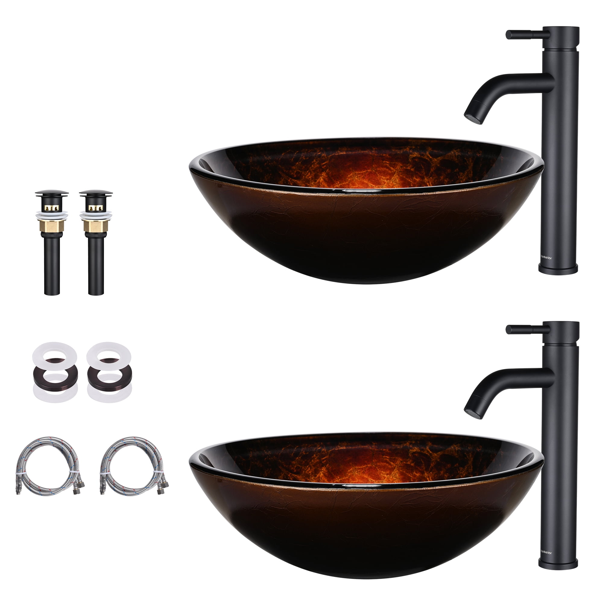 Aquaterior Set of 2 Tempered Glass Vessel Sink with Bathroom Faucet and ...