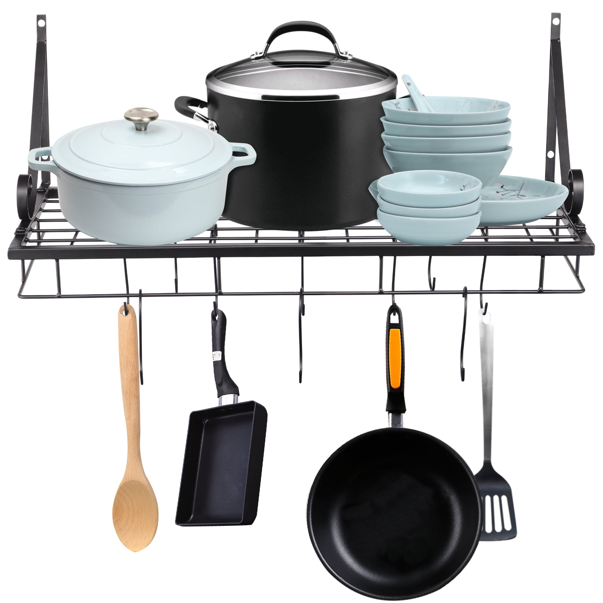 Aquaterior Wall Mount Cookware Rack with 10 Hooks Pan Pot Organizer 24 ...