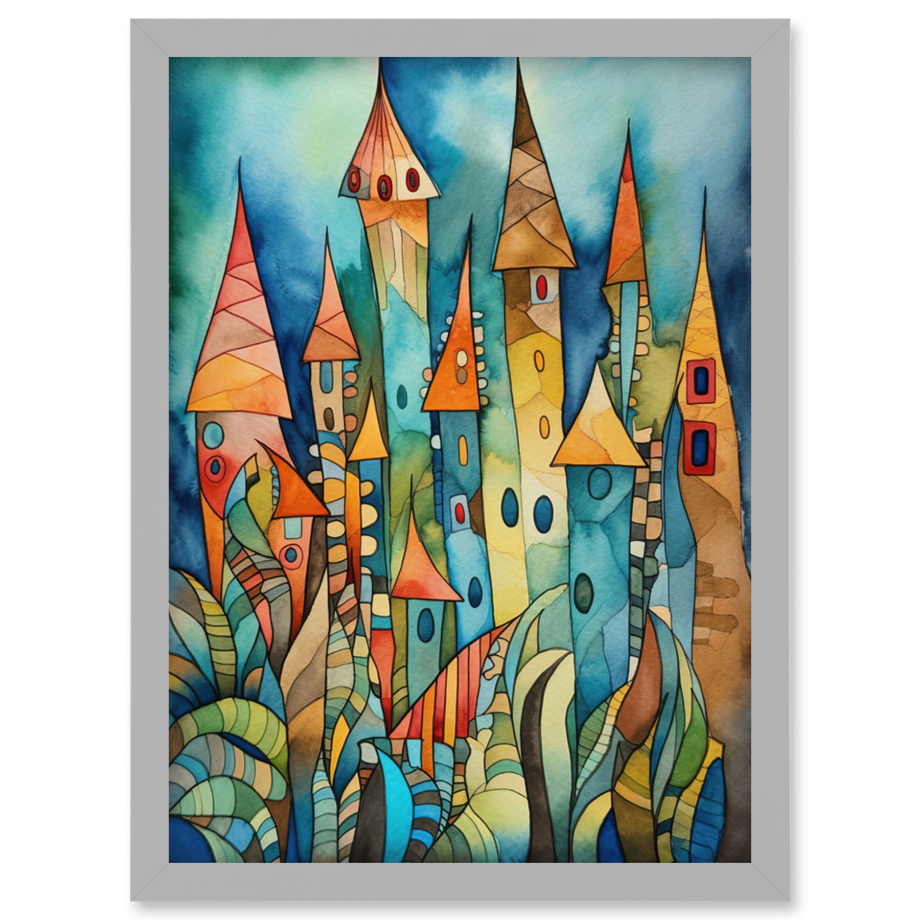 Aquatic Castle Landscape Folk Art Watercolour Painting Artwork Framed ...