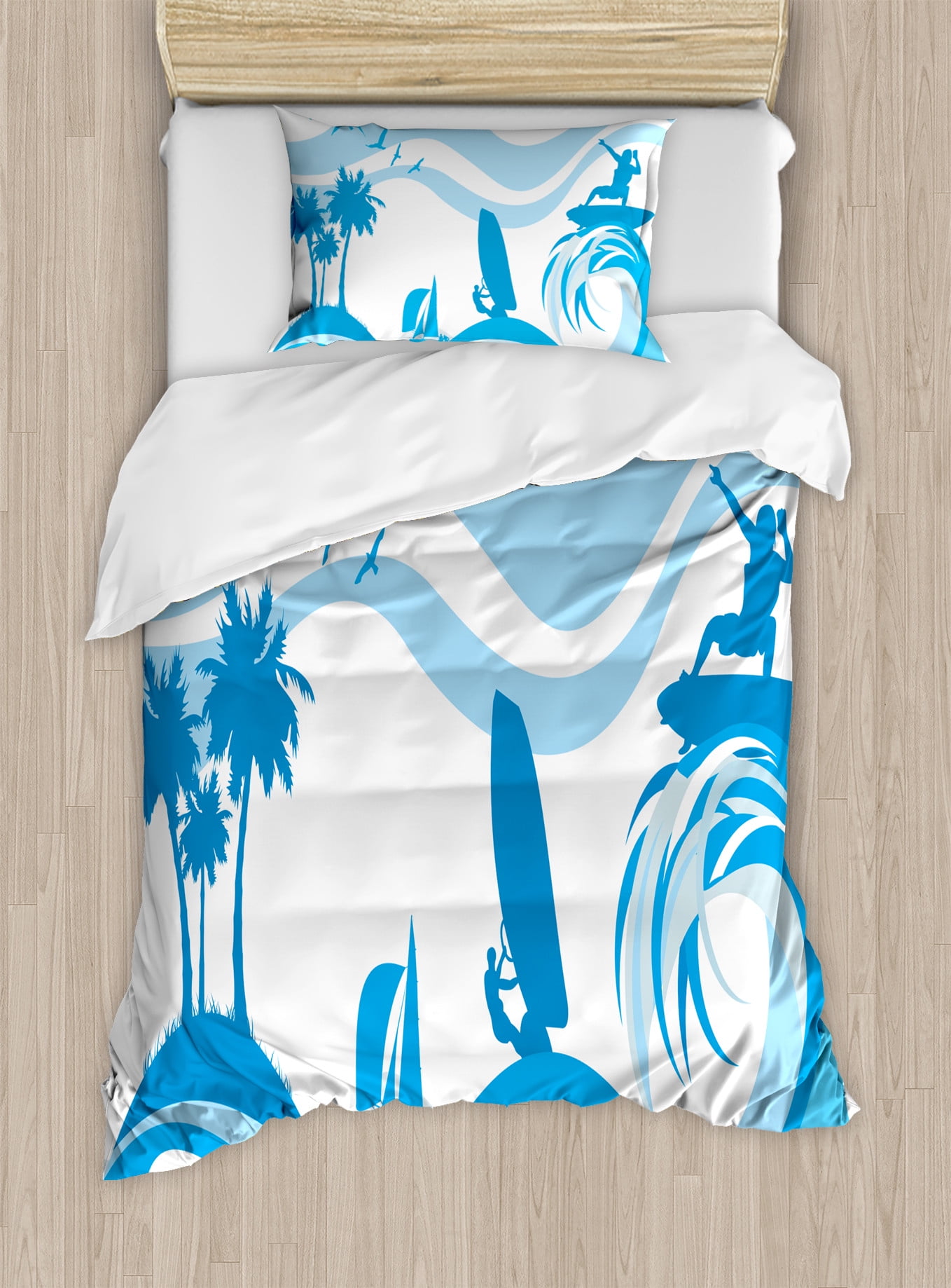 Aquatic Duvet Cover Set, Surfer on Waves Water Sports Recreation Palms ...
