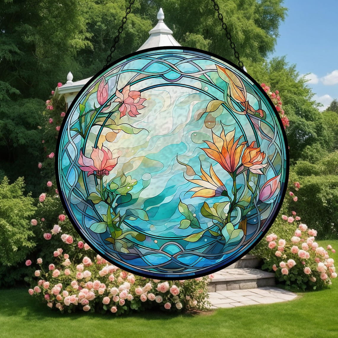 Aquatic Flowers Glass Suncatcher, Natural Ecosystem Window Art, Nature ...