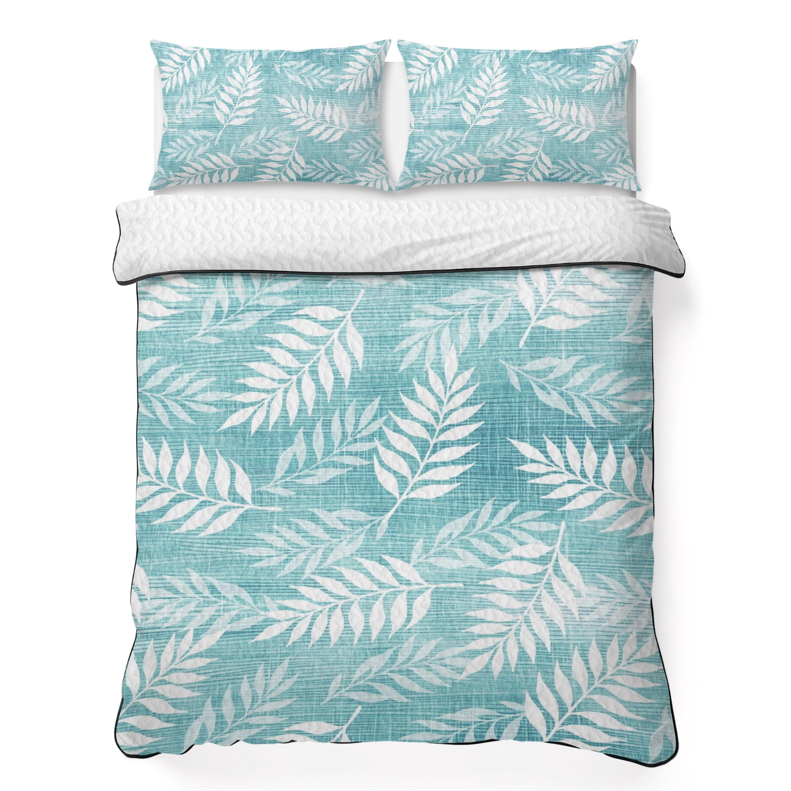 Aquatic Fronds 3 Piece Quilt Bedding Set with 2 Pillow Shams, Turquoise ...