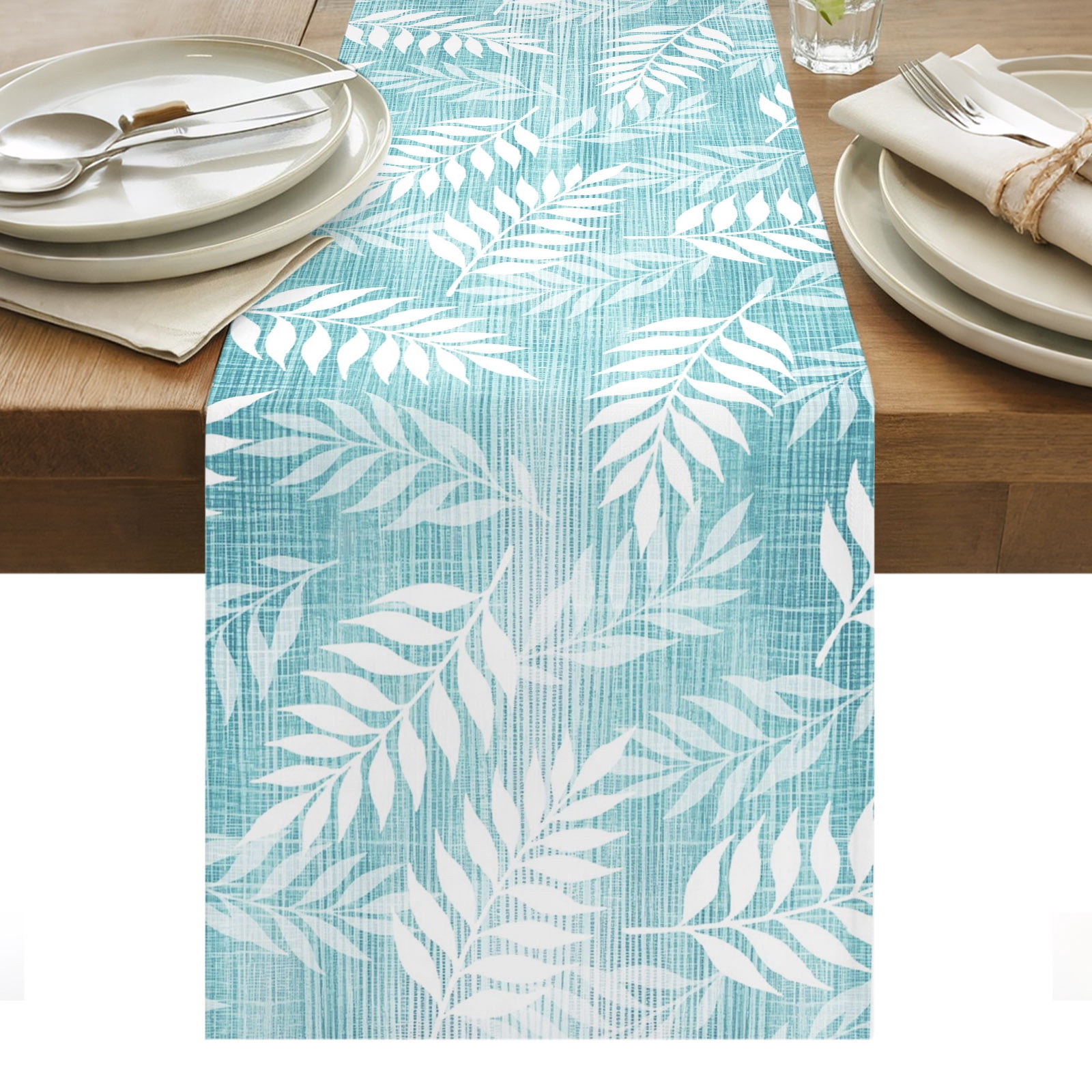 Aquatic Fronds Cotton Linen Table Runner Turquoise Teal Leaf Plant ...