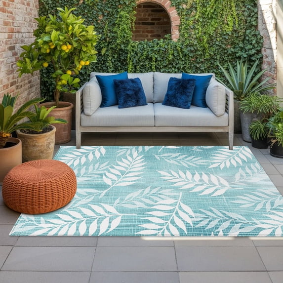 Aquatic Fronds Indoor Outdoor Rugs 4x6 Ft, Turquoise Teal Leaf Plant ...