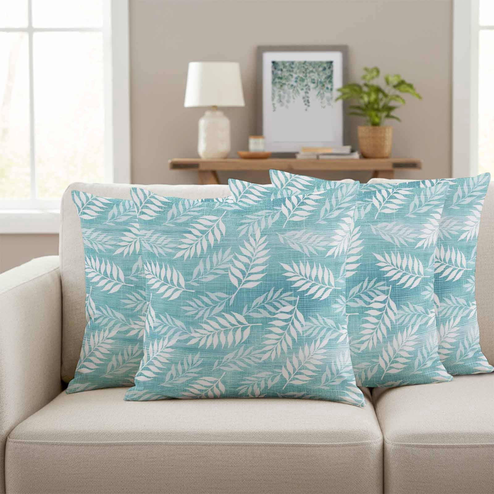 Aquatic Fronds Pillow Covers Set of 4, Turquoise Teal Leaf Plant Canvas ...