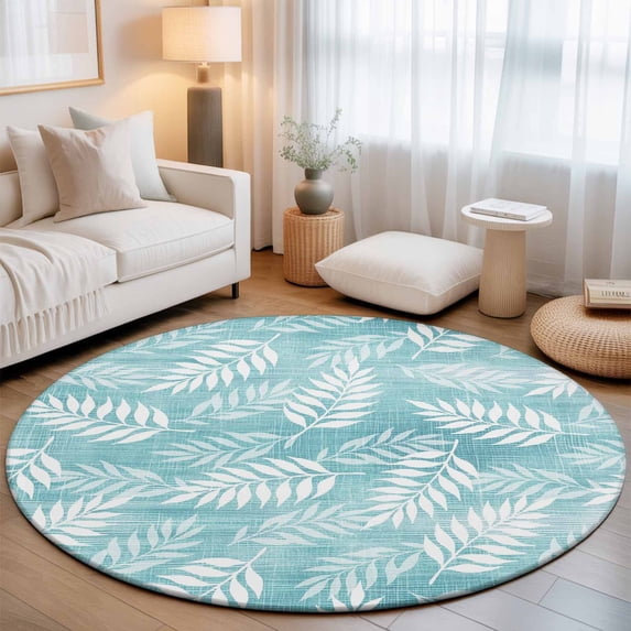 Aquatic Fronds Round Living Room Rugs 4 ft, Turquoise Teal Leaf Plant ...