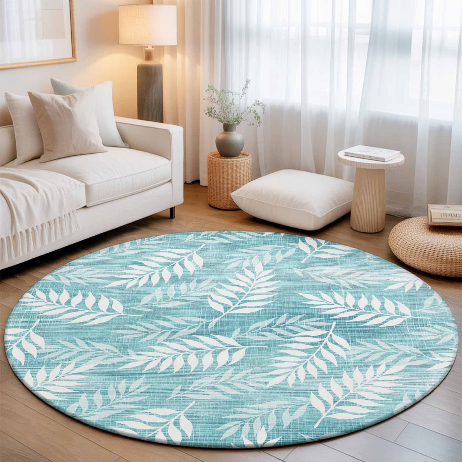 Aquatic Fronds Round Living Room Rugs 7 ft, Turquoise Teal Leaf Plant ...