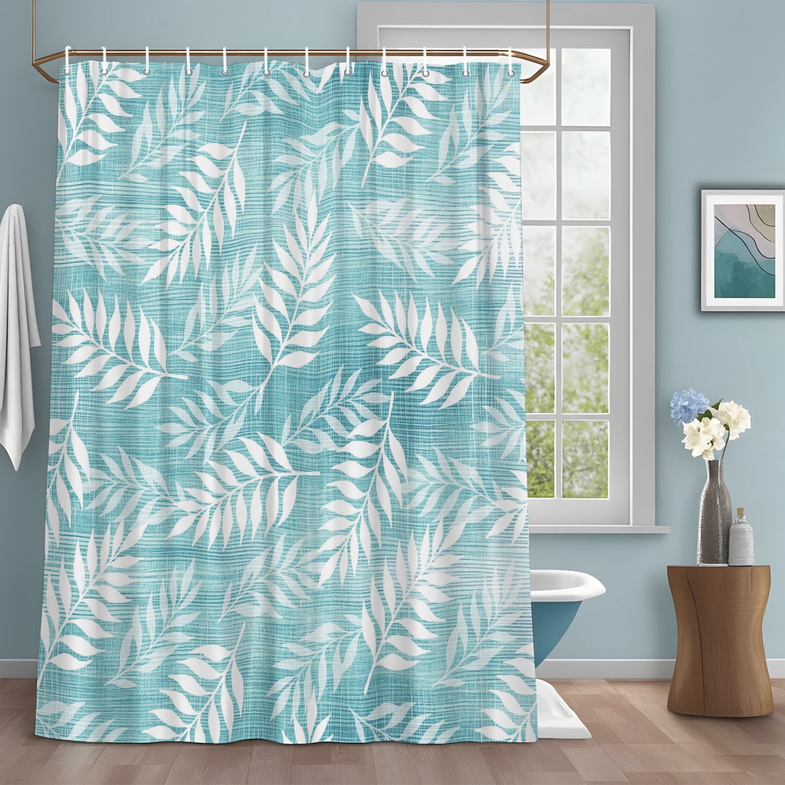 Aquatic Fronds Shower Curtain Set with Hooks, Turquoise Teal Leaf Plant ...