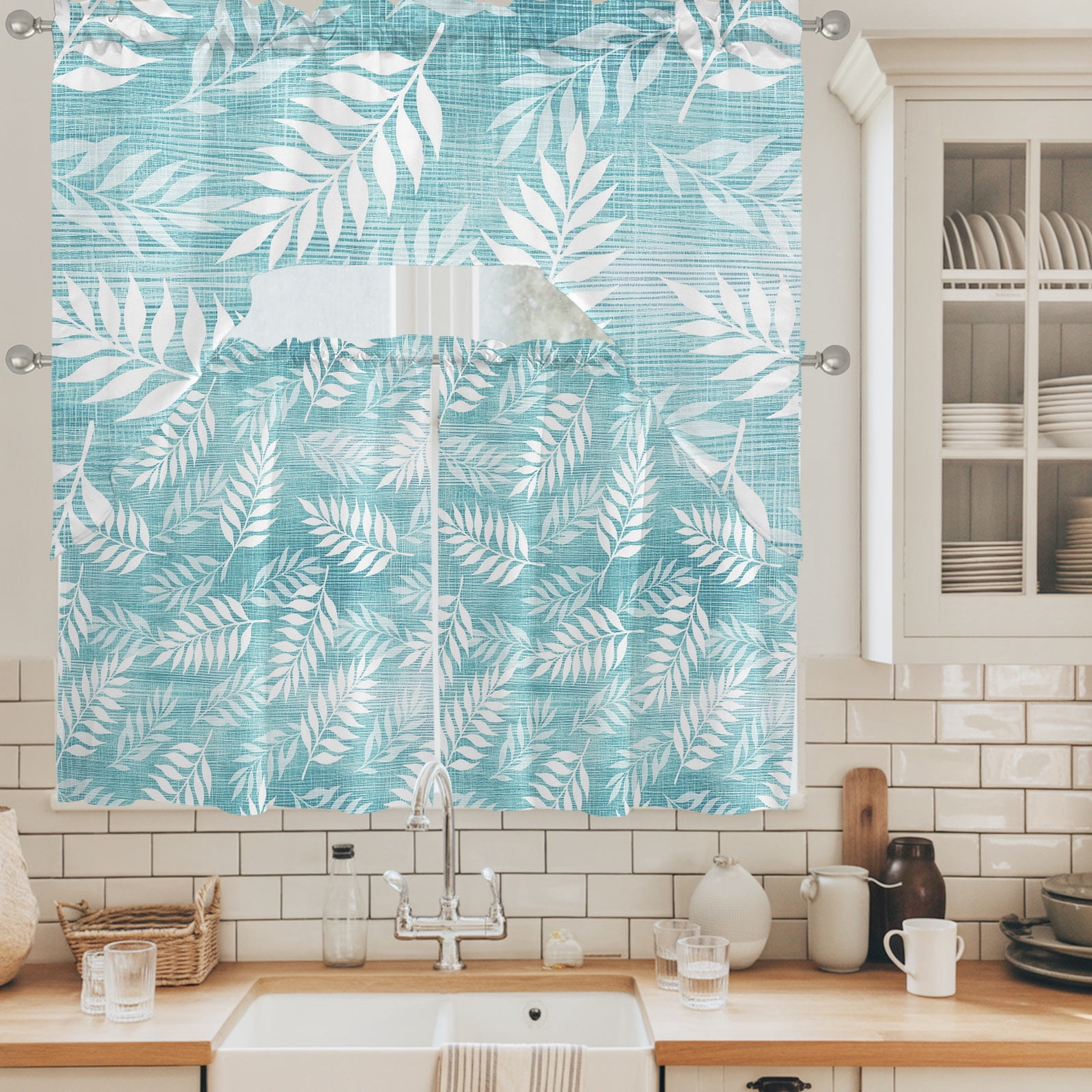Aquatic Fronds Swag Curtains Valance and Tier Set, Turquoise Teal Leaf ...