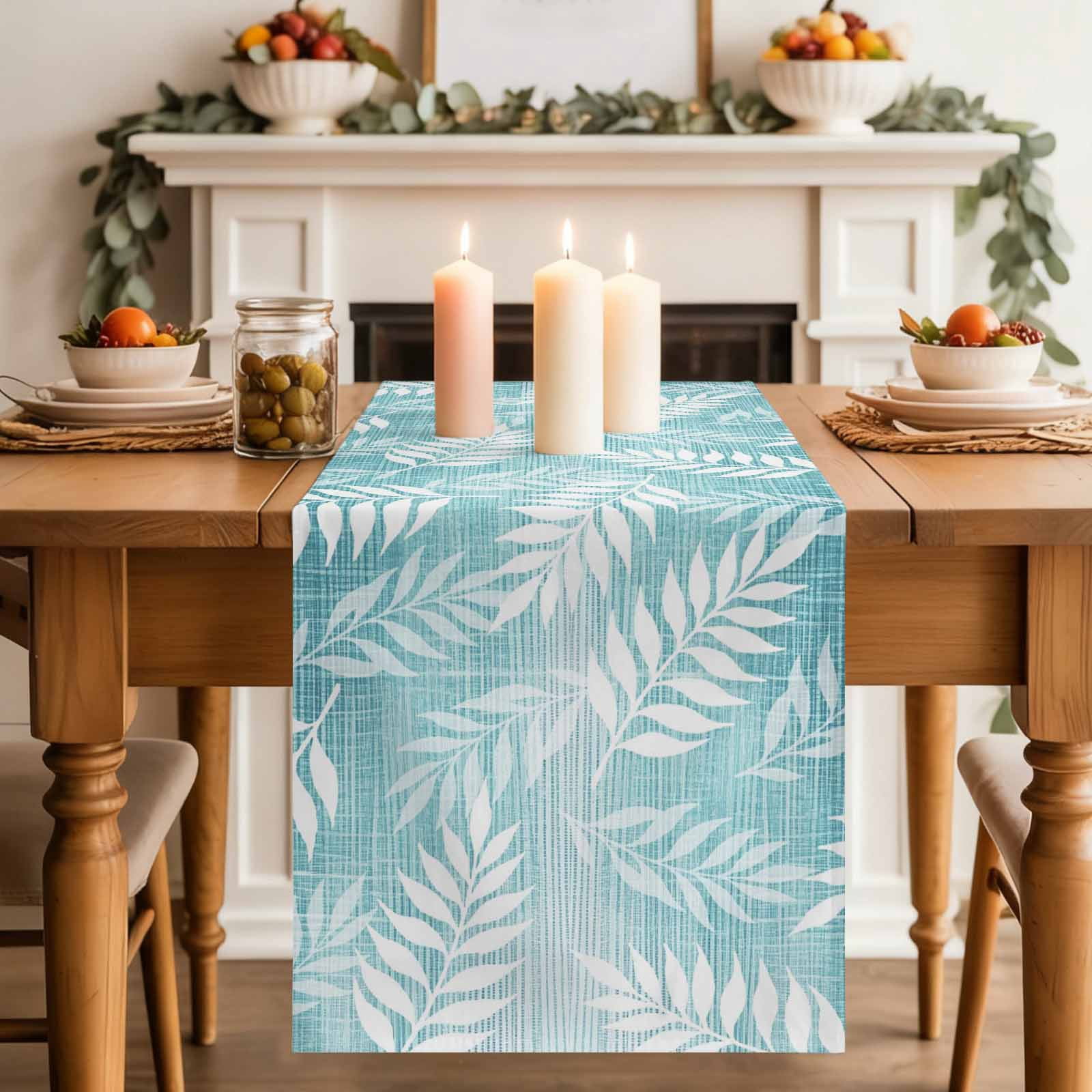 Aquatic Fronds Table Runner, Turquoise Teal Leaf Plant Canvas Weave ...